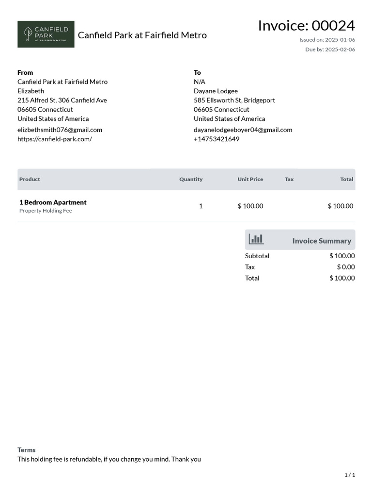 Canfield Park Invoice for Holding Fee | PDF