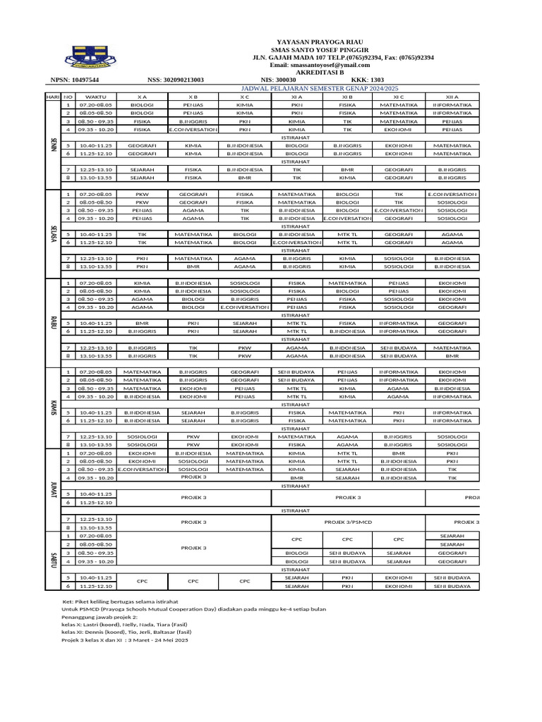 JADWAL PELAJARAN 2024-2025 Sem Genap-1 | PDF