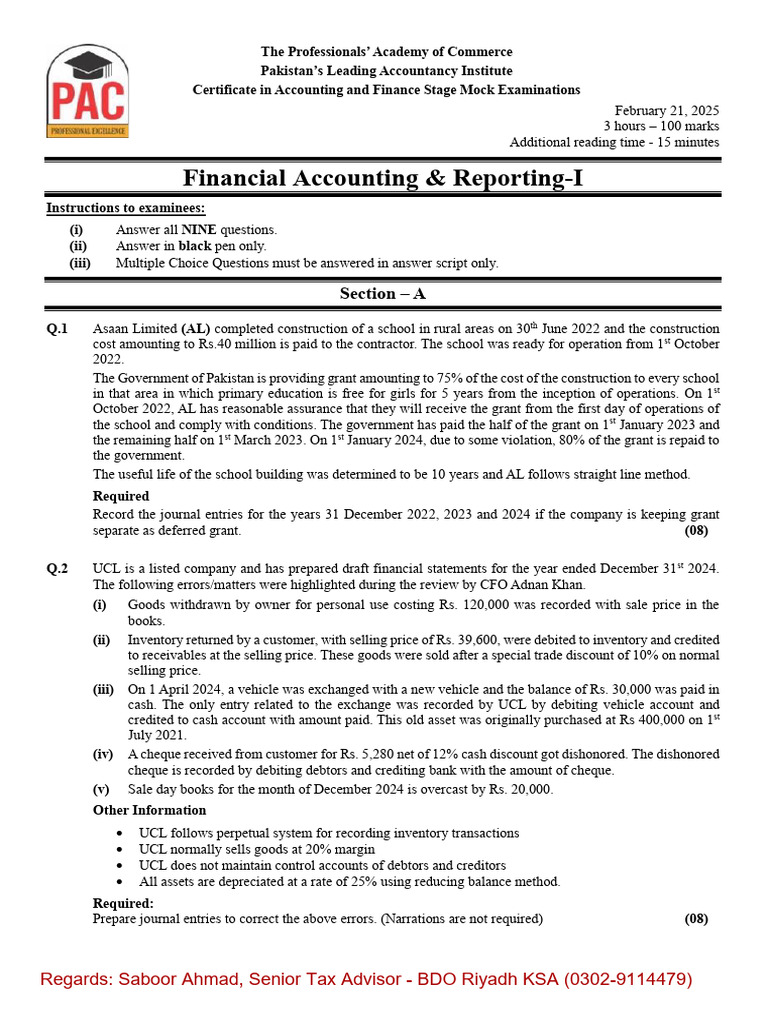 PAC All CAF Mocks With Solutions Compiled by Saboor Ahmad | PDF | Fair Value | Debits And Credits