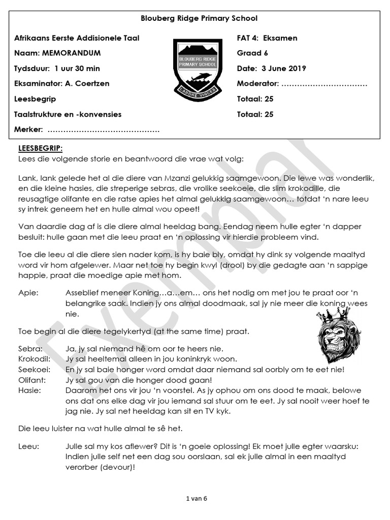 Grade 6 Arikaans May 2019 Marking Guidline | PDF