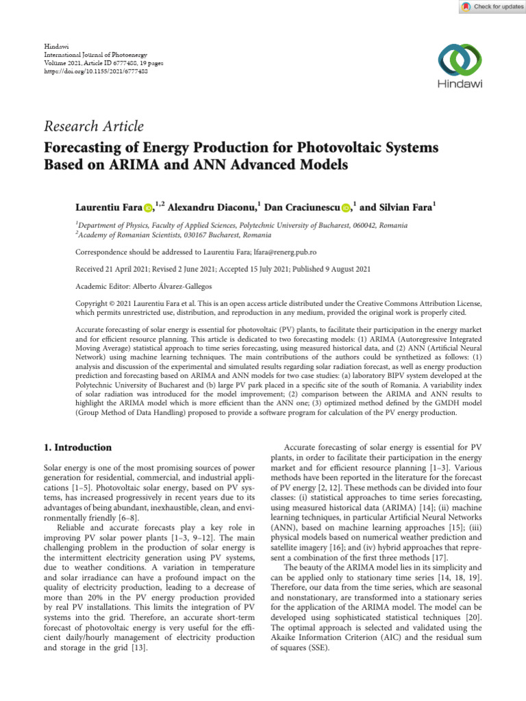 International Journal of Photoenergy - 2021 - Fara - Forecasting of Energy Production For ...