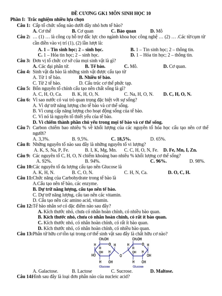 ĐỀ CƯƠNG GK1 SINH 10 | PDF