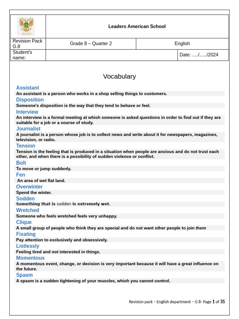 Grade 8 English Revision Pack | PDF | Space Exploration | Verb