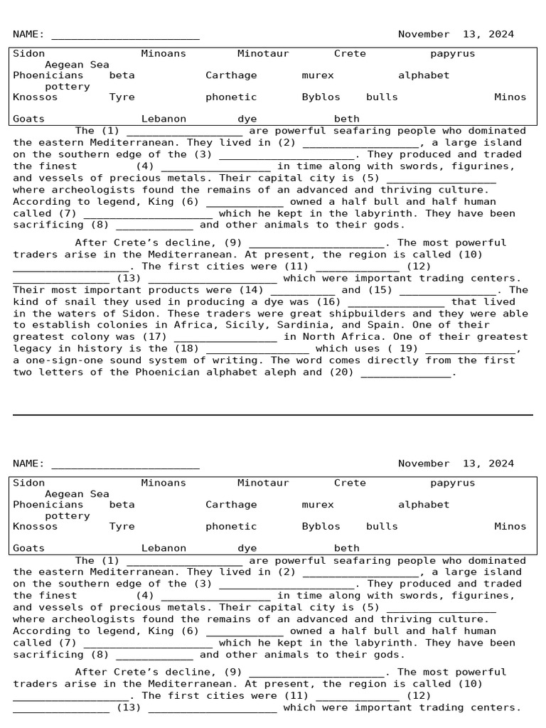 Phoenicians and Minoans Quiz | PDF | Phoenicia | Collation