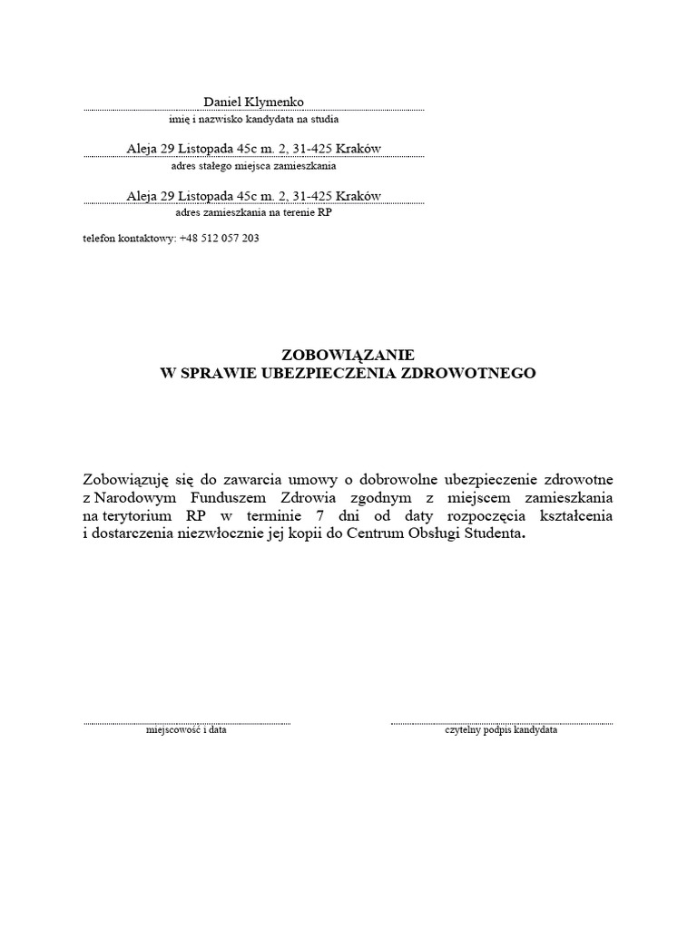 Oświadczenie NFZ | PDF