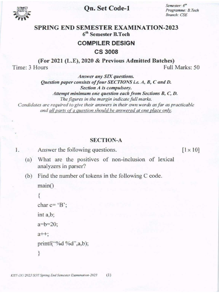 KIIT Compiler Design 2023 End | PDF