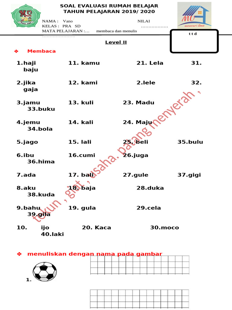 soal tk membaca level 2 | PDF