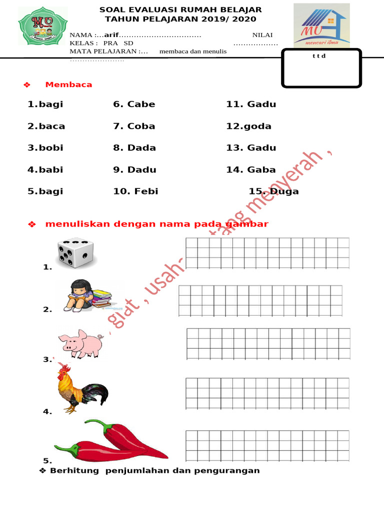 Soal TK Membaca Level 1 | PDF