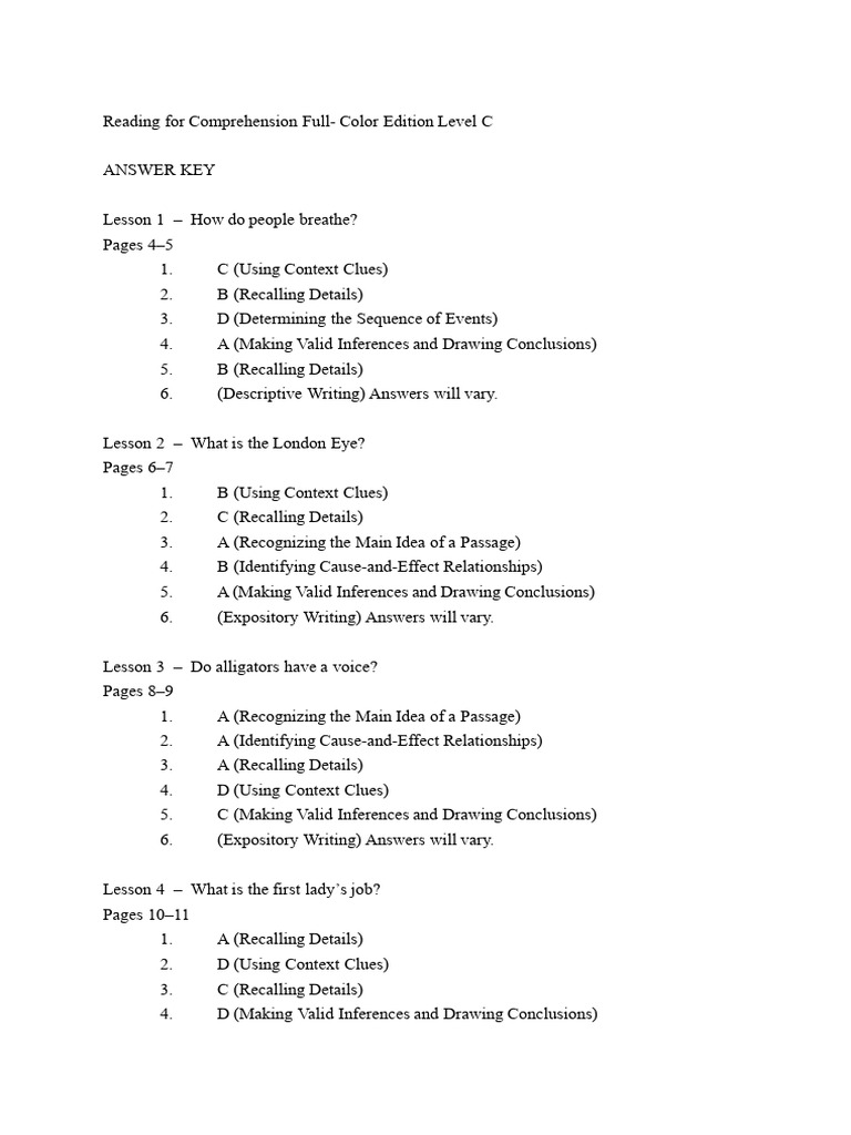 Level C Reading Comprehension Answers | PDF | Inference | Causality