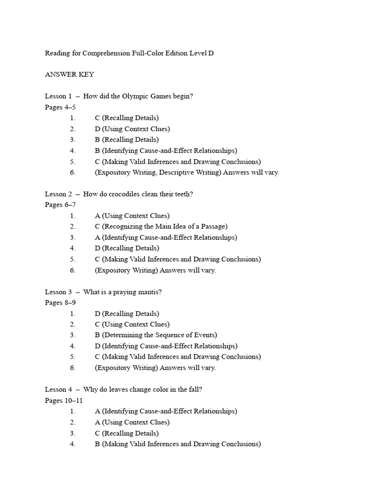 Answer Key Reading For Comprehension Full - Color Edition Level D | PDF ...