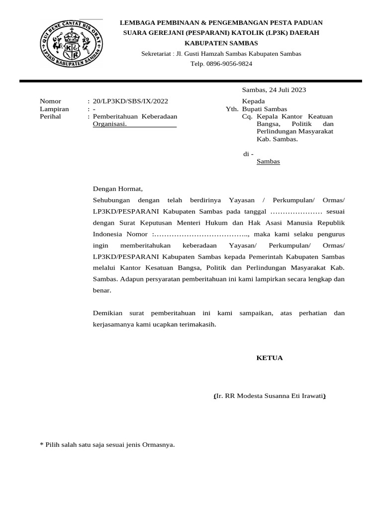 Surat Pemberitahuan Keberadaan Ormas | PDF