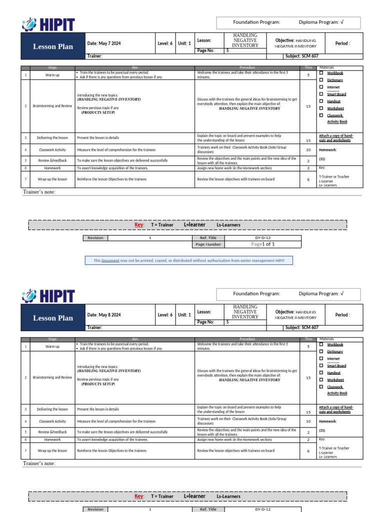SCM 607 L6 Lesson Plan | PDF | Lesson Plan | Homework