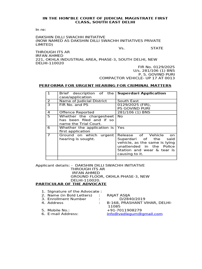 Compactor Vehicle - Up 17 at 0013 - Application Superdari | PDF | Advocate | Legal Procedure