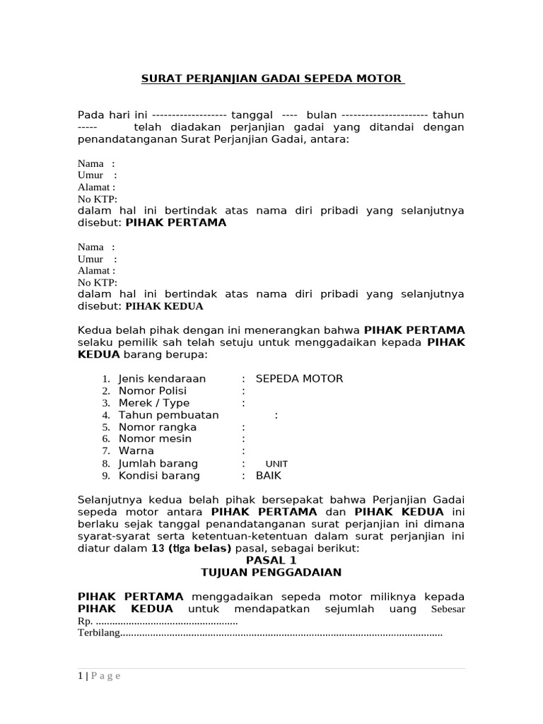 Surat Perjanjian Gadai Motor | PDF