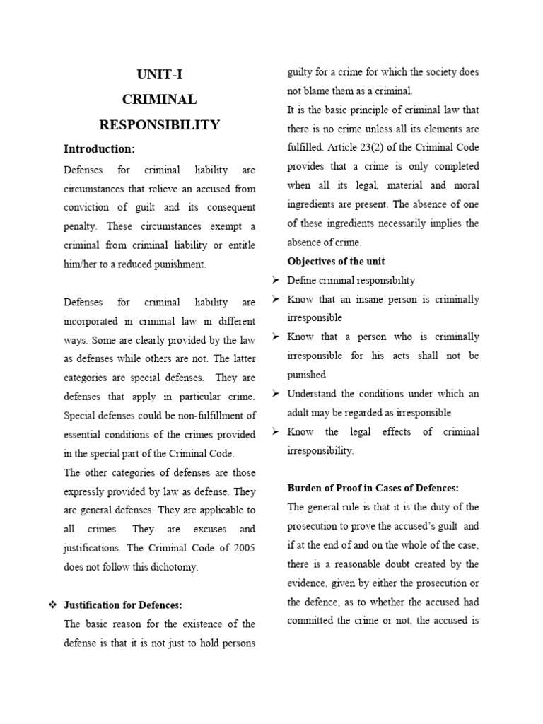 Criminal Responsibility & Defenses | PDF | Insanity Defense | Crimes