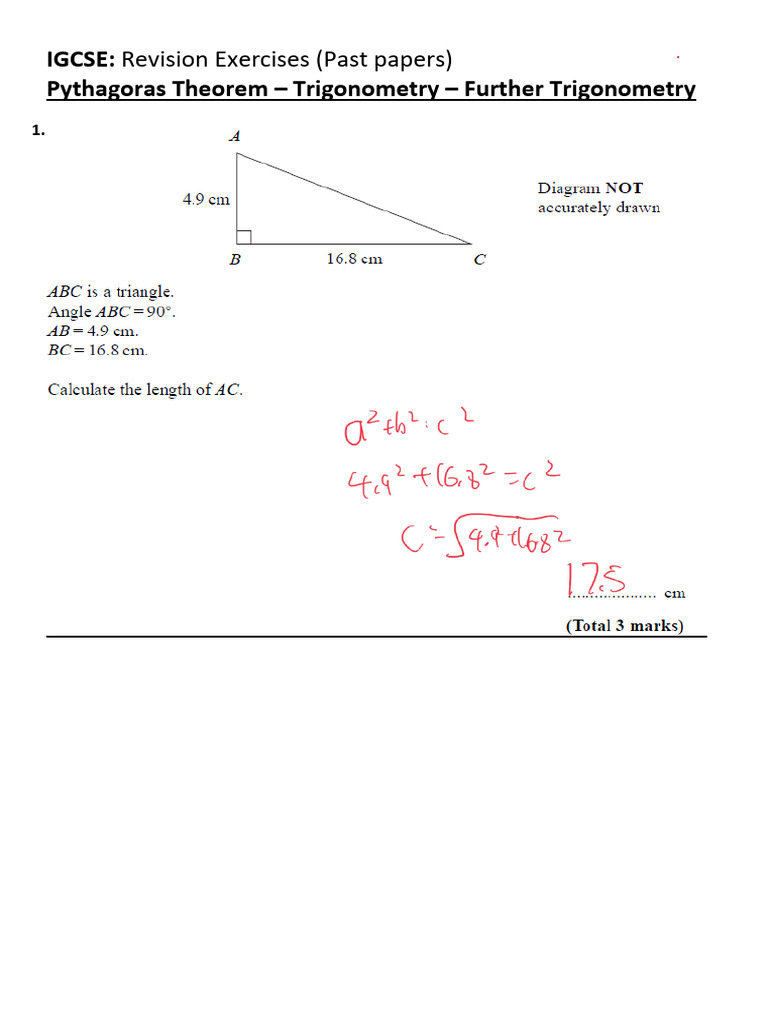 Pythagoras Trigonometry, Further Trigonometry (Worksheet) | PDF