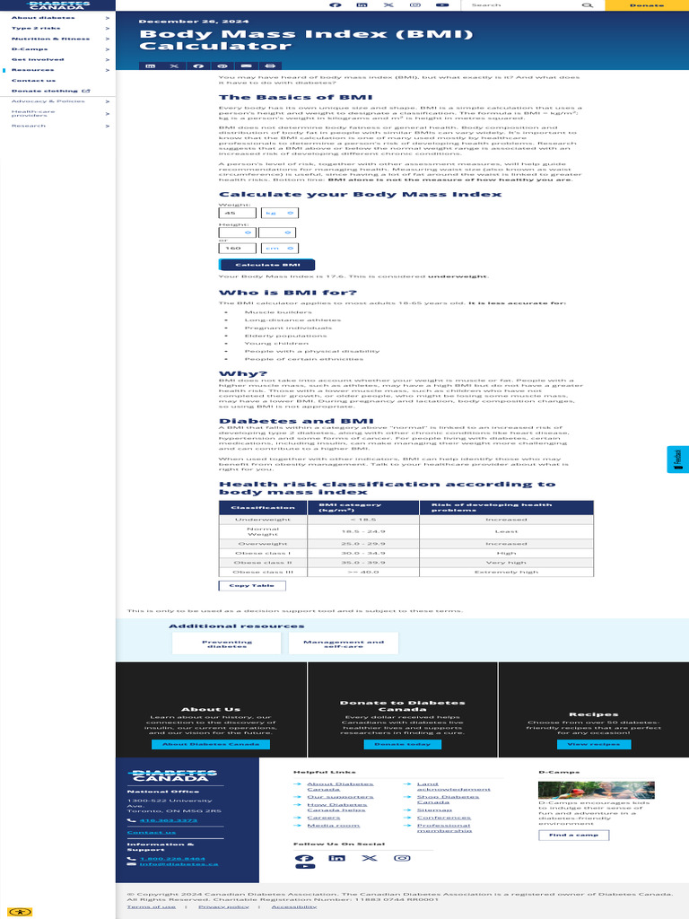 Body Mass Index (BMI) Calculator - Diabetes Canada | PDF | Body Mass ...