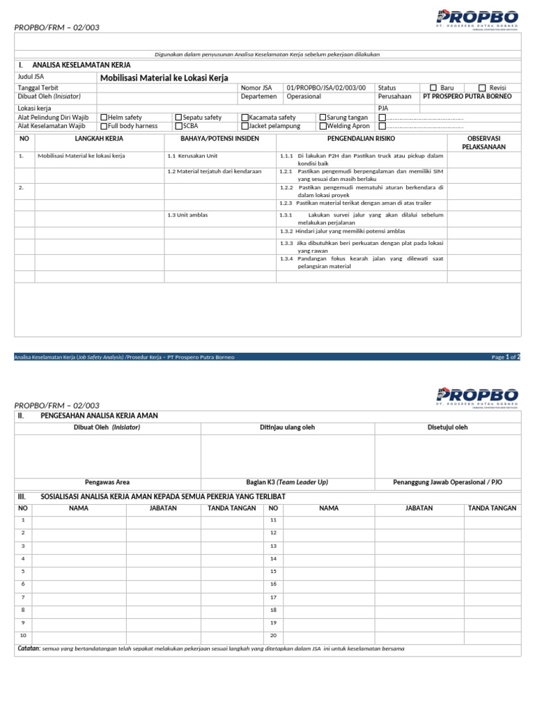 JSA Mobilisasi Material | PDF