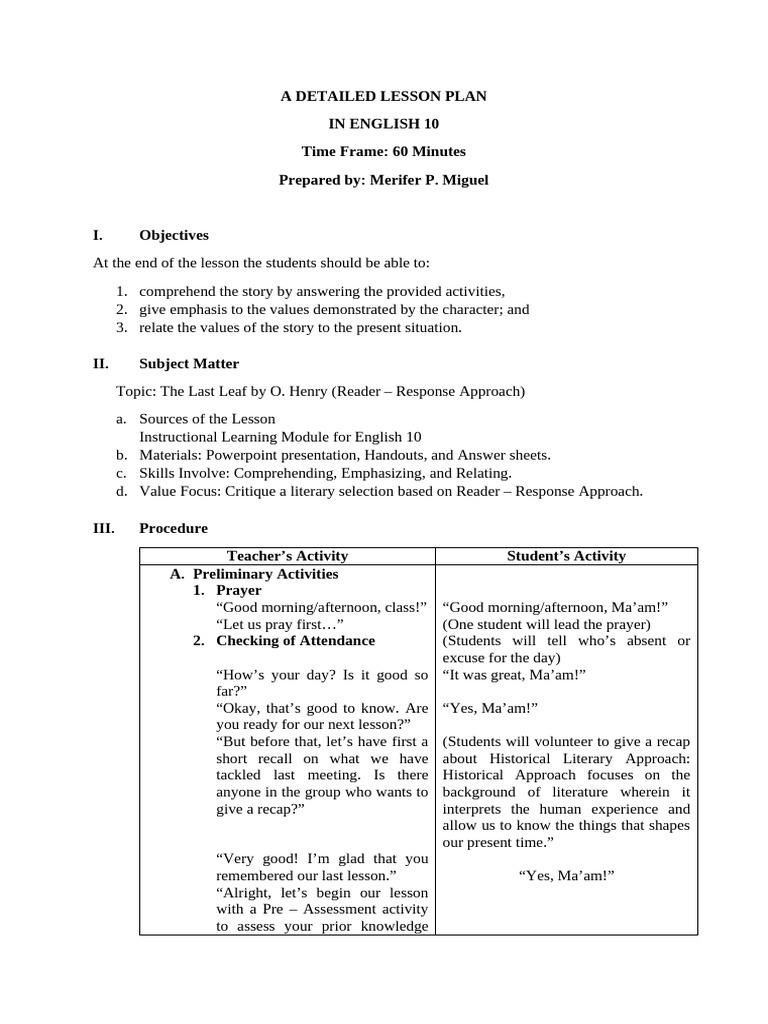English 10 Lesson Plan: The Last Leaf | PDF | Lesson Plan
