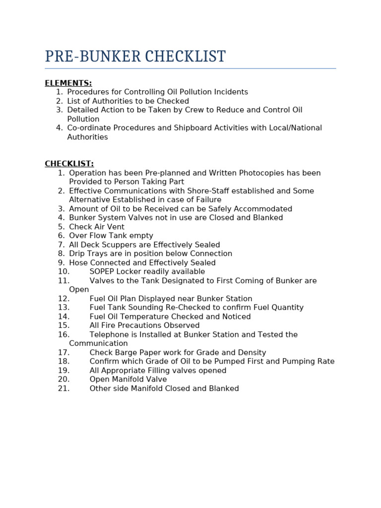 Oil Bunker Safety Checklist | PDF