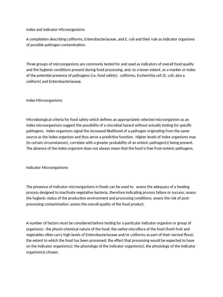 Index and Indicator organisms | PDF | Escherichia Coli | Microorganism