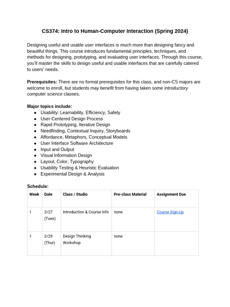 (Syllabus) CS374 - Intro To Human-Computer Interaction | PDF | Usability | Human–Computer ...