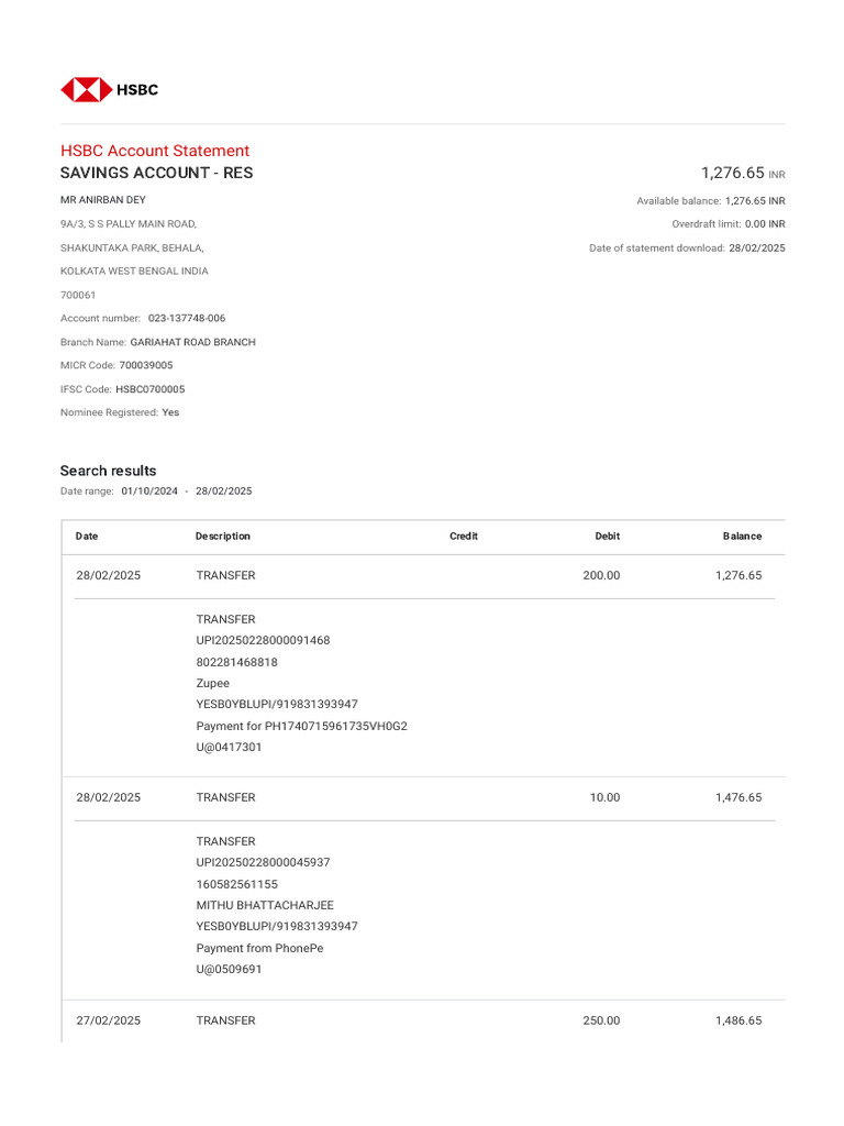 HSBC Savings Account Statement | PDF | Personal Finance | Financial ...
