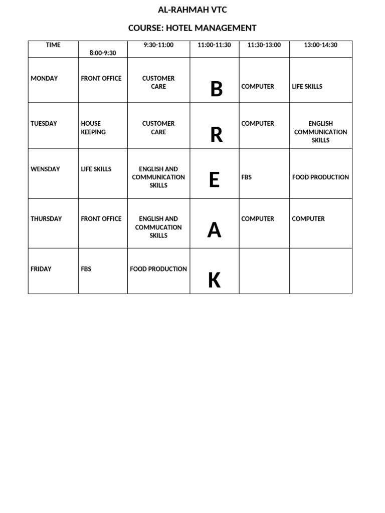 Hotel Management Course Schedule | PDF