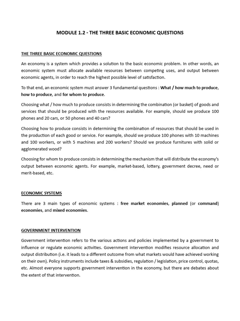 Module 1.2 - The Three Basic Economic Questions | PDF | Economic System ...