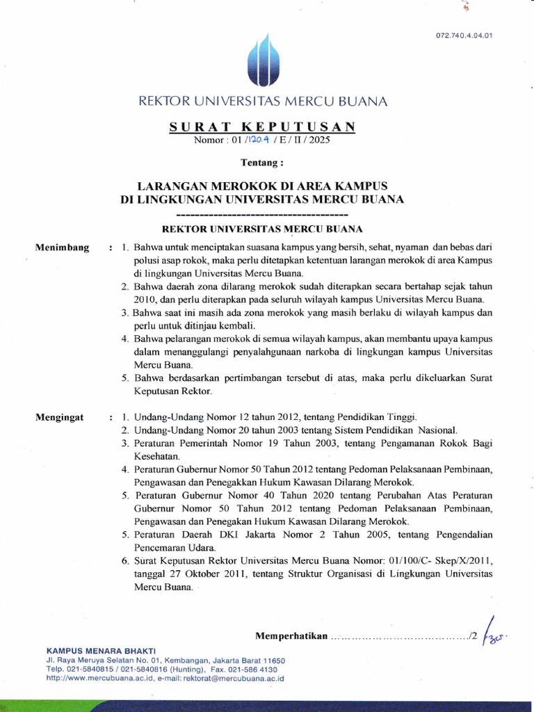 120.4-SK 01-120.4-E-II-2025 Larangan Merokok Di Area Kampus Di Lingkungan Universitas Mercu ...