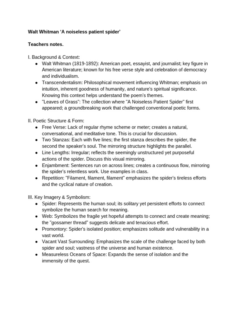 Teachers notes Walt Whitman ‘A noiseless patient spider' | PDF | Poetry