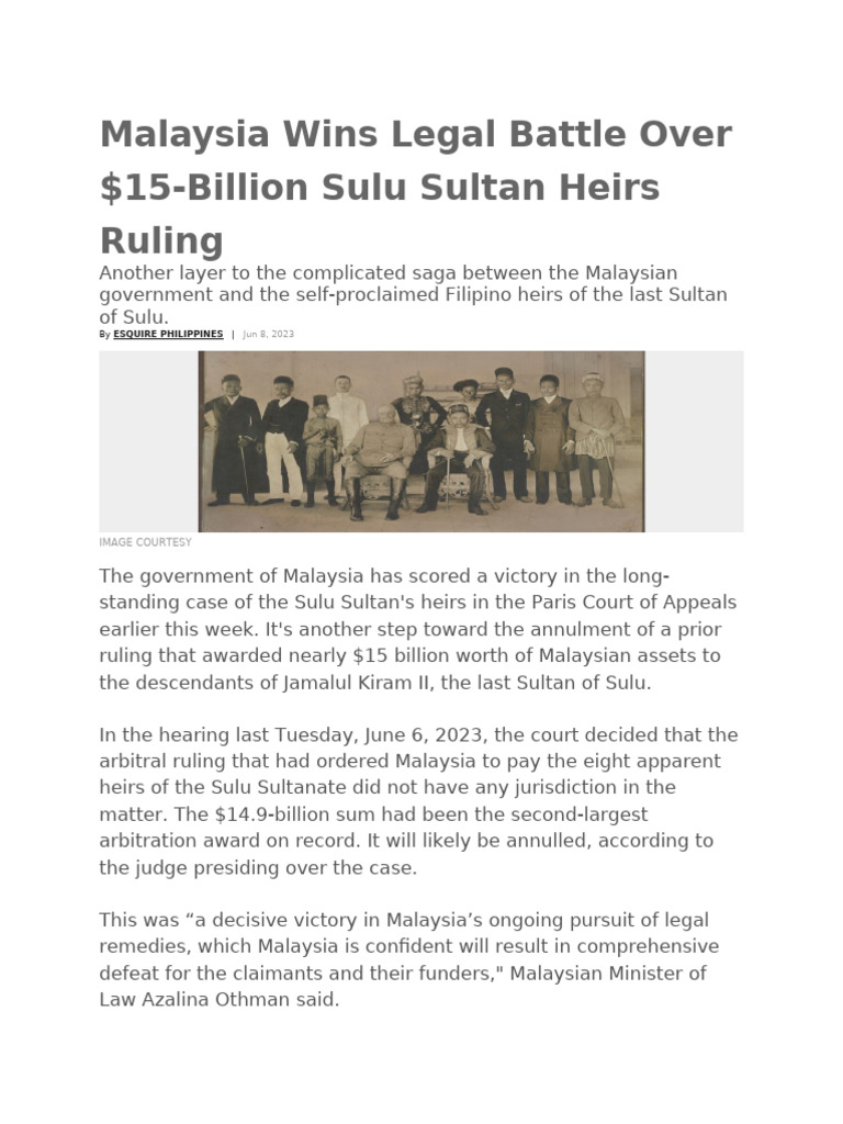 Malaysia Wins Legal Battle Over $15-Billion Sulu Sultan Heirs Ruling | PDF