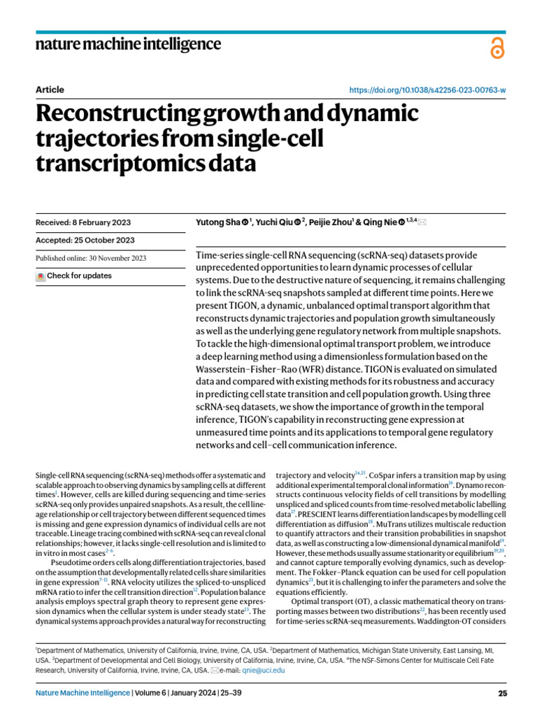 Reconstructing Growth and Dynamic Trajectories From Single-cell Transcriptomics Data | PDF ...