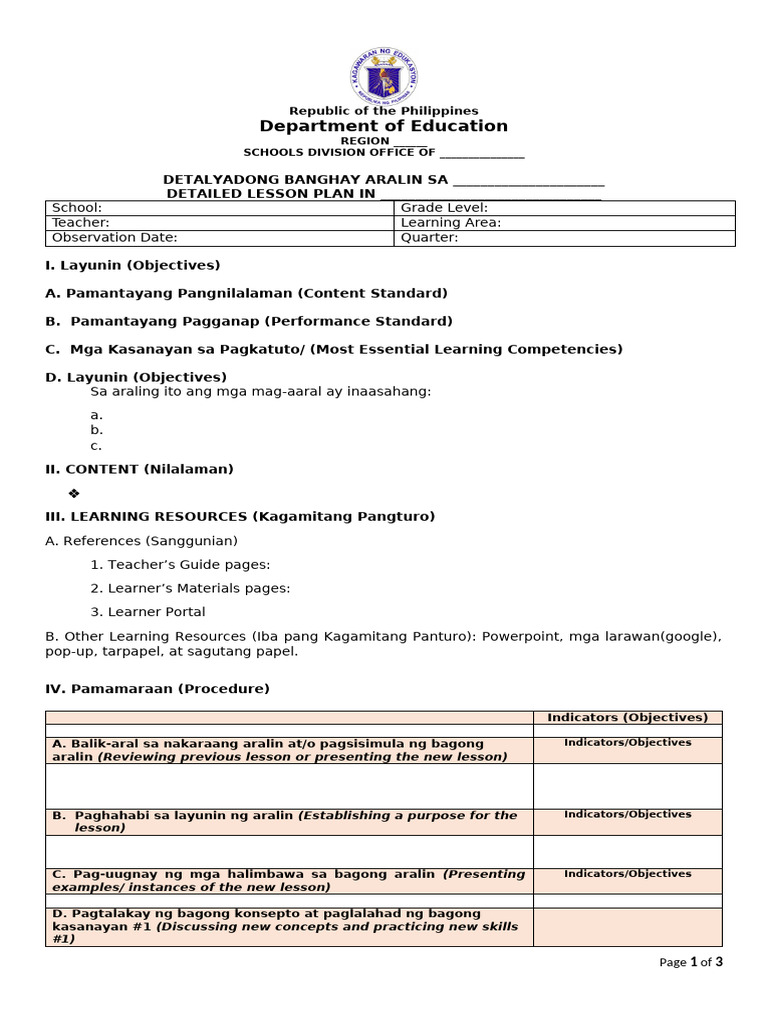 Detailed Lesson Plan Template Philippines | PDF | Curriculum | Learning