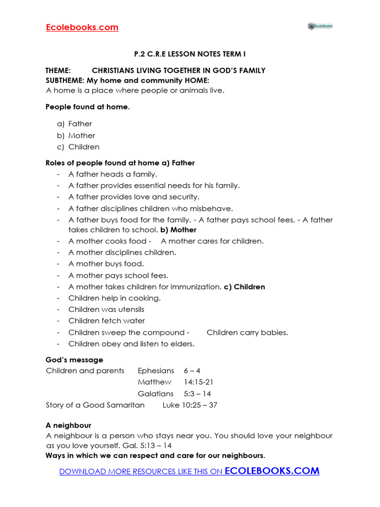 Primary 2 CRE Lesson Notes Term 1 | PDF | Rebecca | Jacob