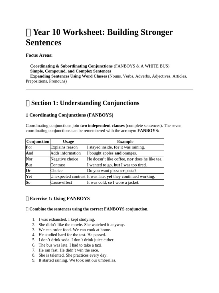 Year 10 Sentence Building Worksheet | PDF | Part Of Speech | Adverb