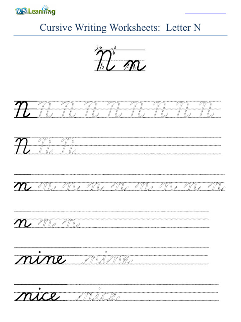Cursive Writing: Letter N Worksheets | PDF