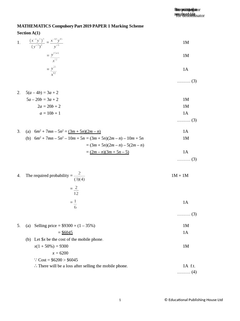2019 Mathematics Paper 1 Marking Scheme | PDF | Mathematics