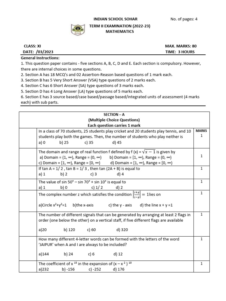Class XI Mathematics Question Paper | PDF | Mathematical Concepts ...