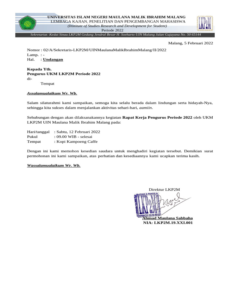 Undangan Rapat Kerja UKM LKP2M 2022 | PDF