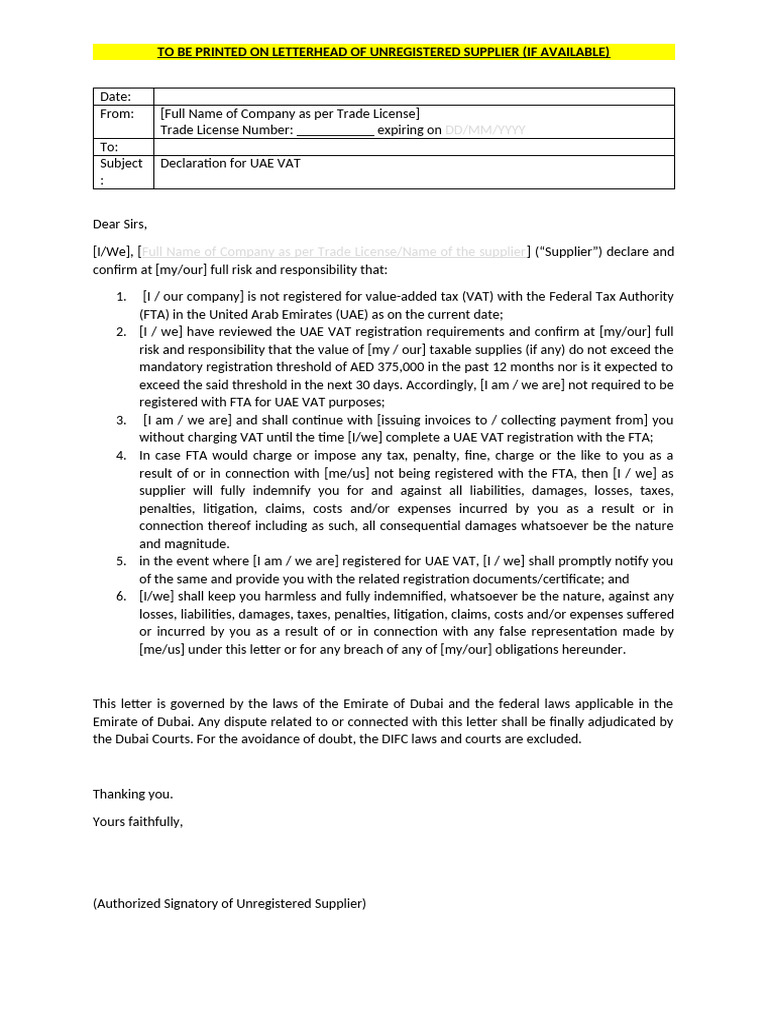 UAE VAT Declaration for Unregistered Suppliers | PDF | Value Added Tax ...