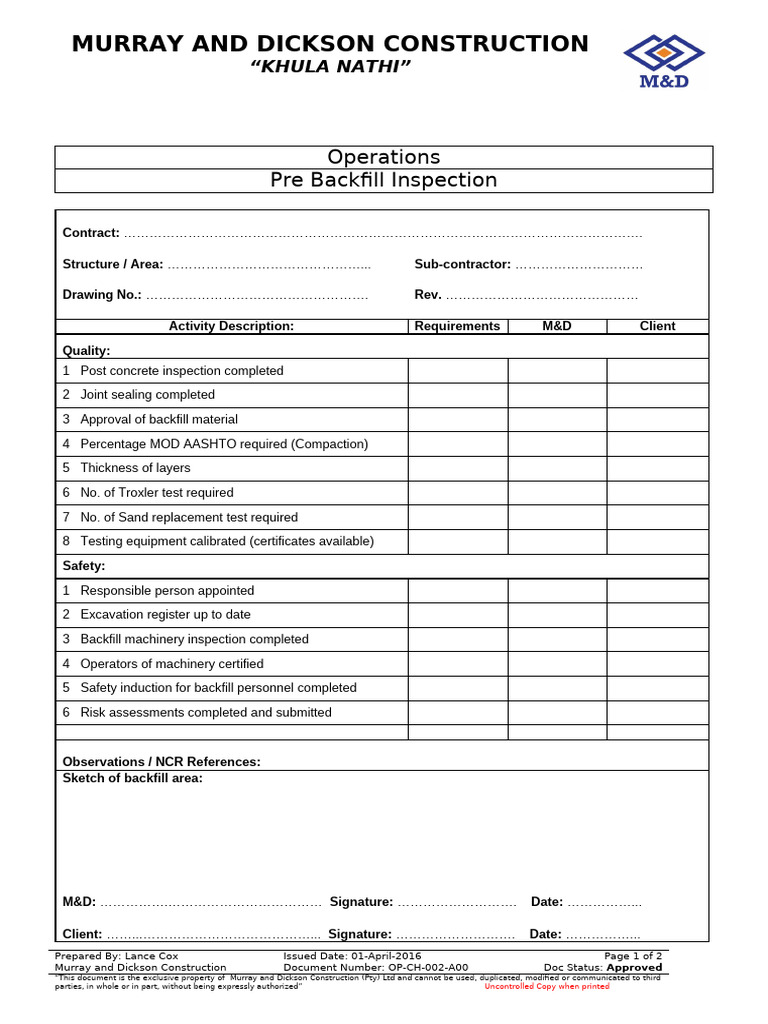 OP-CH-002-A00 Pre Backfill Inspection | PDF