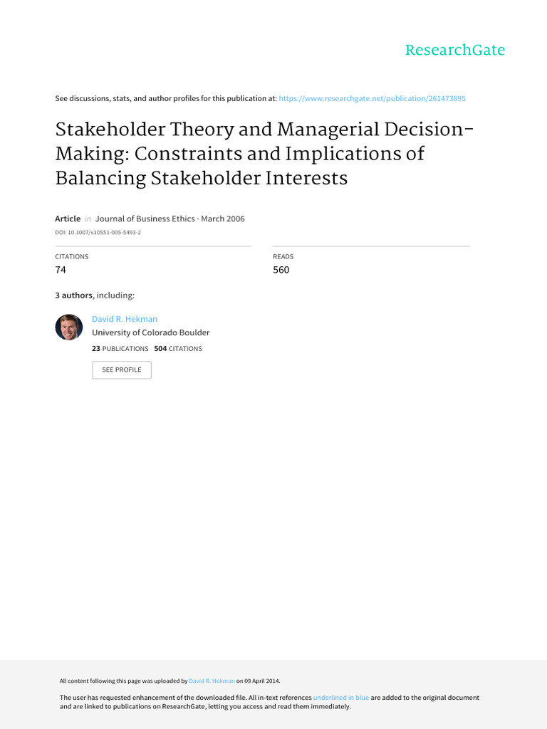 Stakeholder Theory and Managerial Decisi | PDF | Stakeholder (Corporate ...