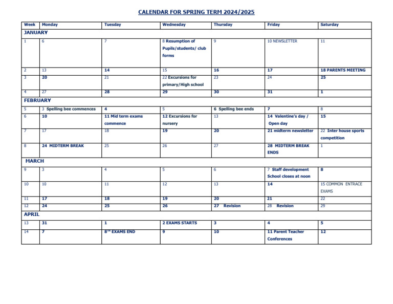 Calendar For Spring Term 2024 | PDF