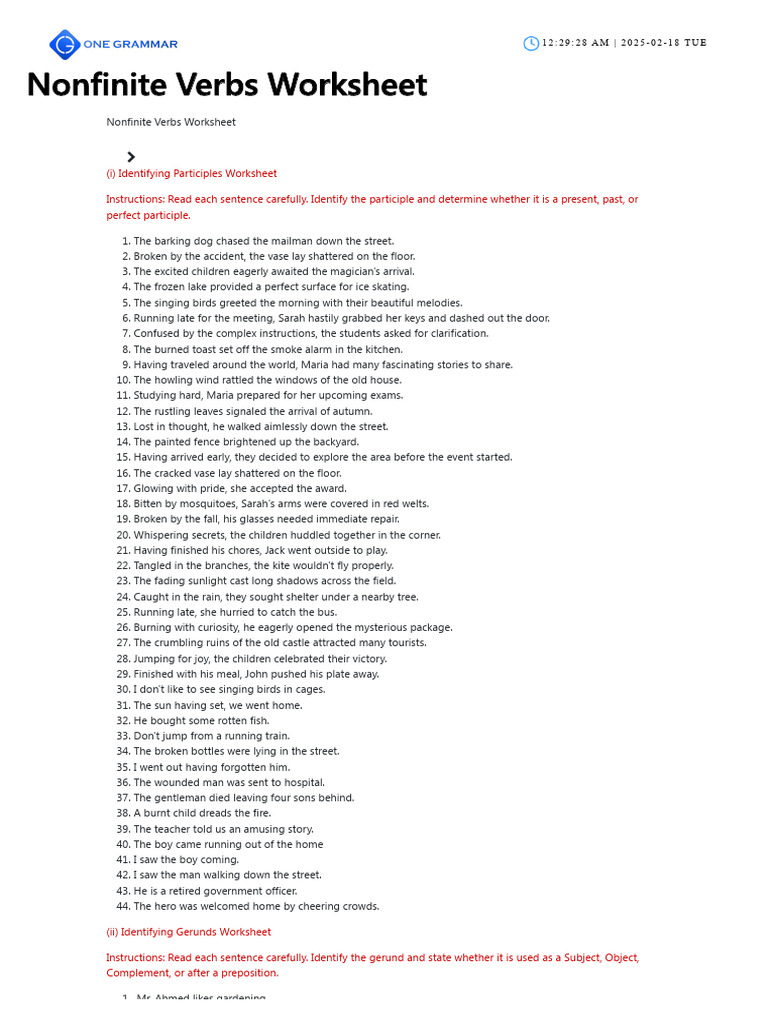 All Nonfinite Verbs Worksheet | PDF