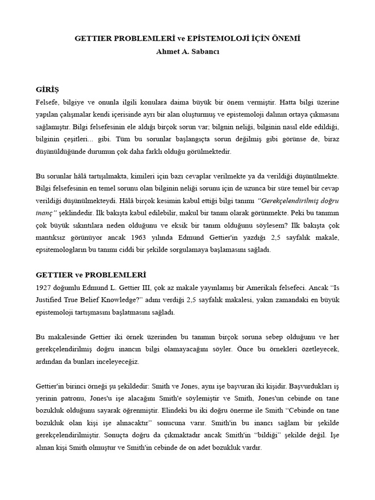 Gettier Problemleri Ve Epistemoloji Icin | PDF