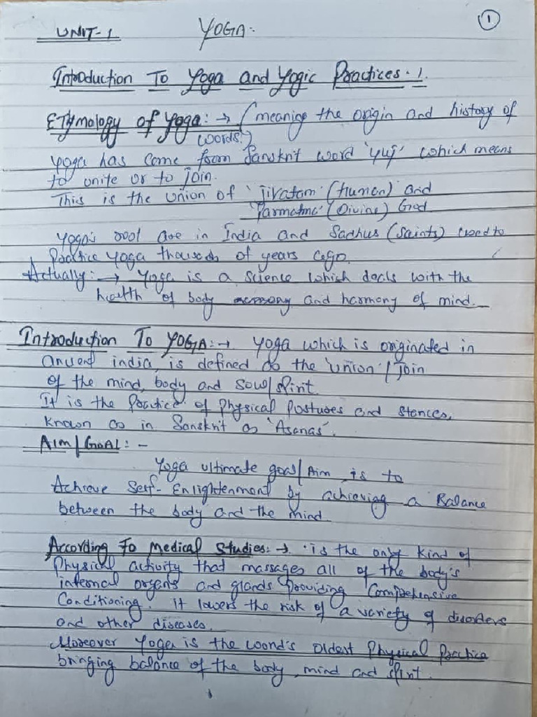Class XI Ch-1 Introduction To Yoga ND Yogic Pratices | PDF
