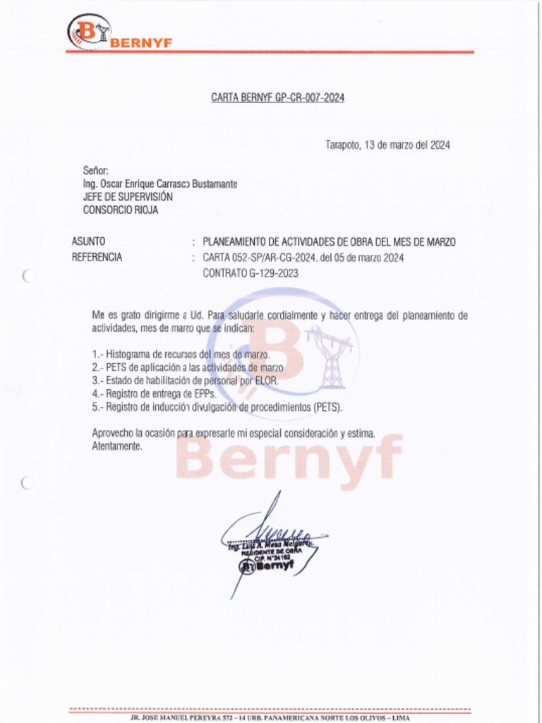 Carta Bernyf Gp-cr-007-2024 - Planeamiento de Actividades de Obra Del Mes de Marzo | PDF