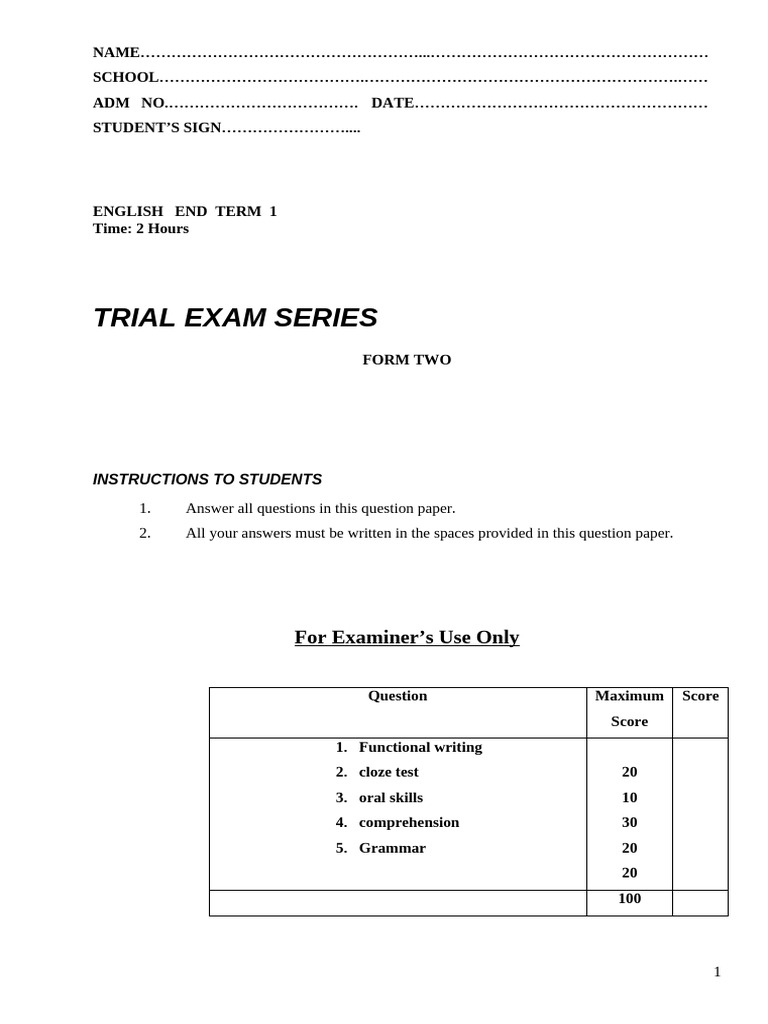 English Form 2 End Term 1 Exam 2021 Teacher - Co .Ke | PDF ...