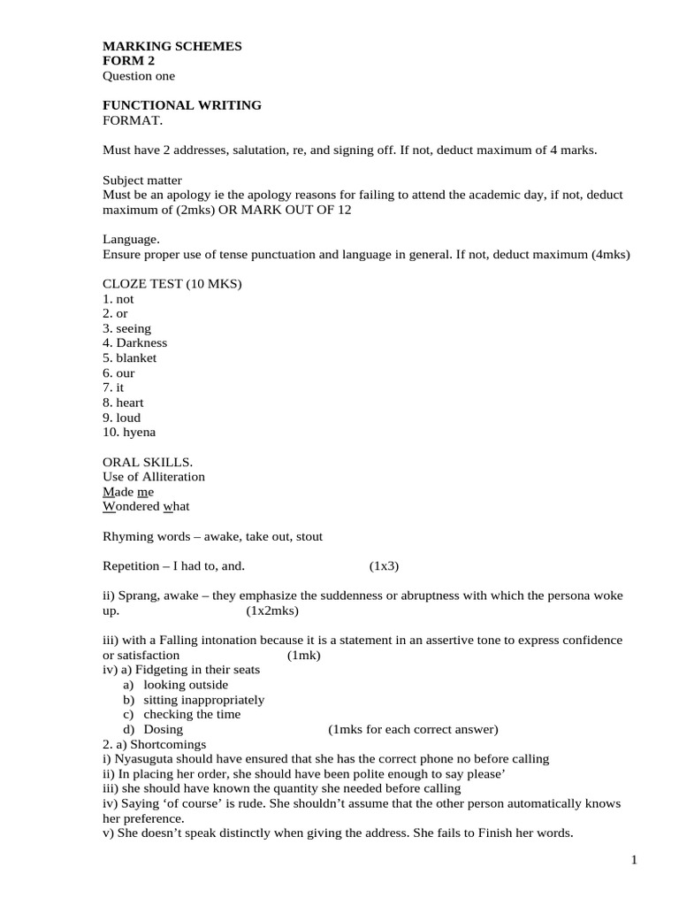 Form 2 English Marking Scheme | PDF | Grammar | Languages